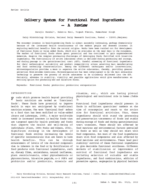(PDF) Delivery System for Functional Food Ingredients — A Review