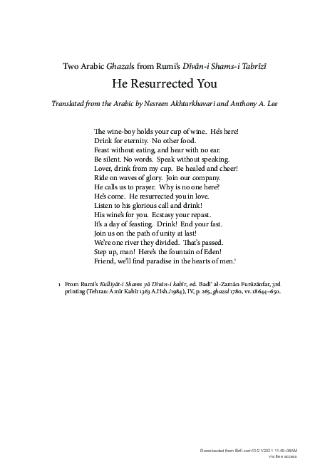 (PDF) He Resurrected You: Two Arabic Ghazals from Rumi’s Dīvān-i Shams ...