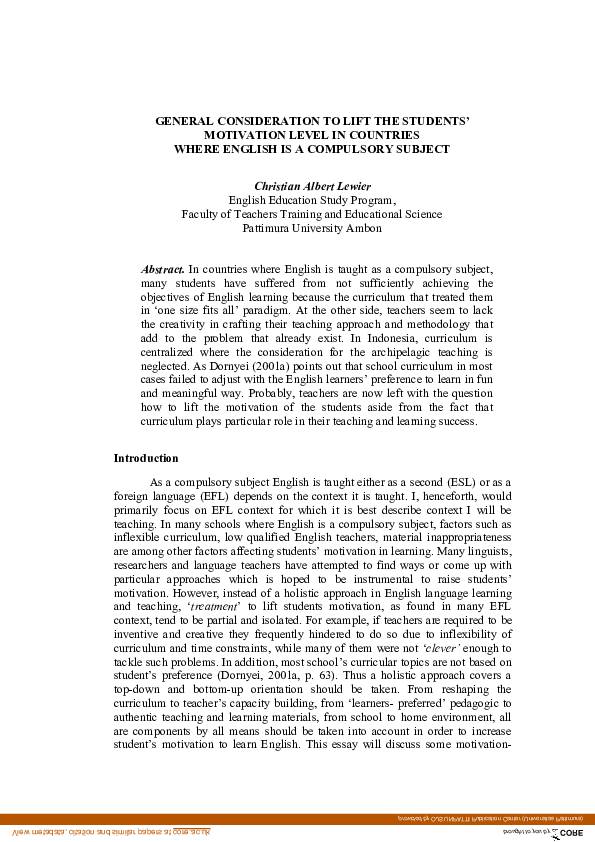 (PDF) General Consideration to Lift the Studentsâ€™ Motivation Level in Countries Where English ...