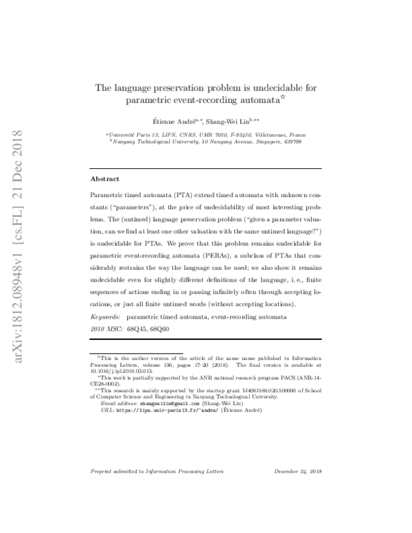 (PDF) The language preservation problem is undecidable for parametric event-recording automata