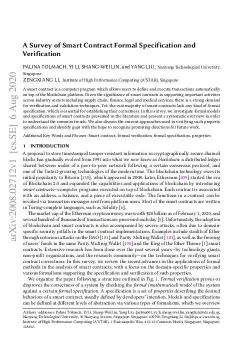 (PDF) A Survey of Smart Contract Formal Specification and Verification