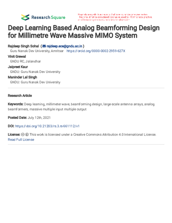 (PDF) Deep Learning Based Analog Beamforming Design for Millimetre Wave Massive MIMO System