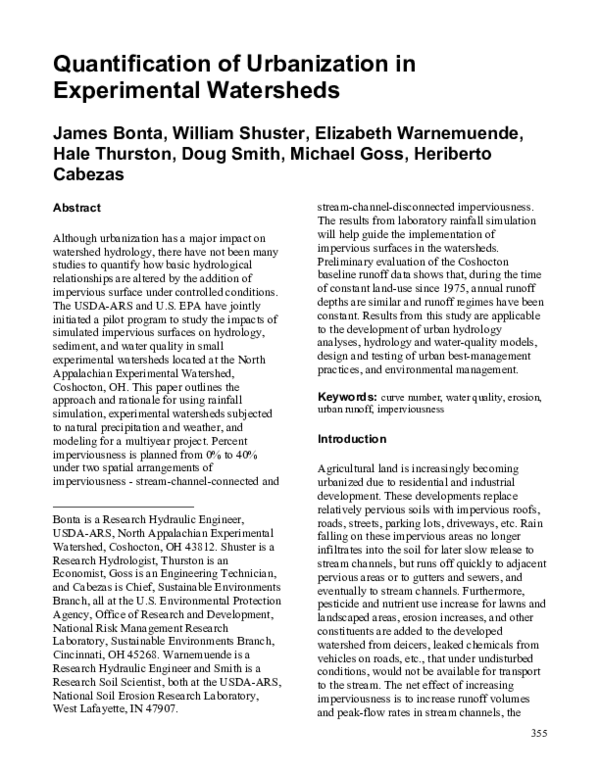 Pdf Quantification Of Urbanization In Experimental Watersheds