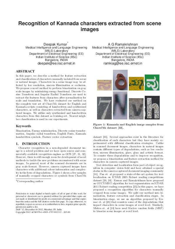 (PDF) Recognition of Kannada characters extracted from scene images