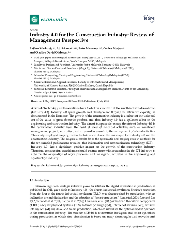 (PDF) Industry 4.0 for the Construction Industry: Review of Management ...