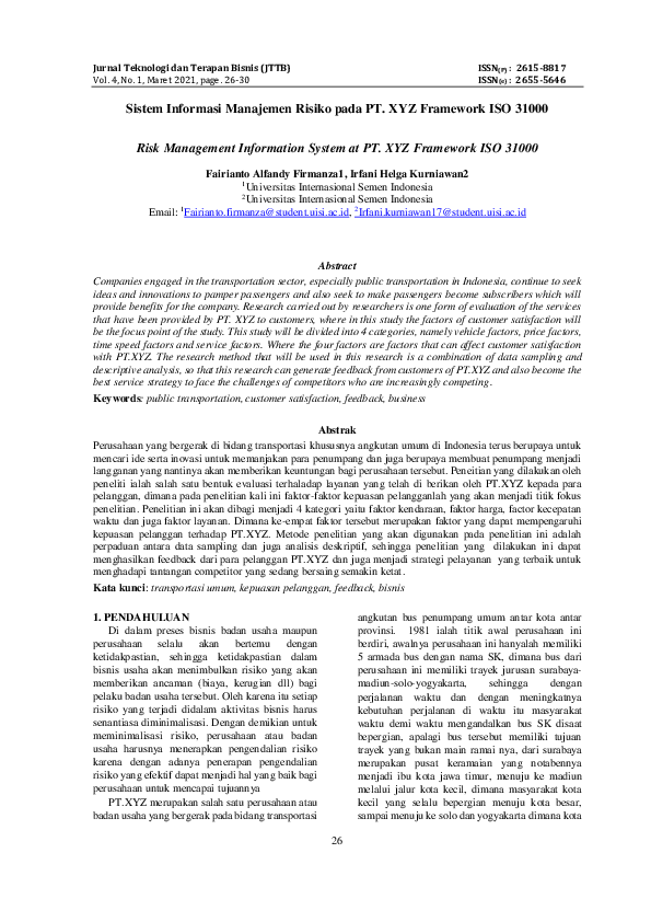 (PDF) Sistem Informasi Manajemen Risiko pada PT. XYZ Framework ISO 31000: Risk Management ...