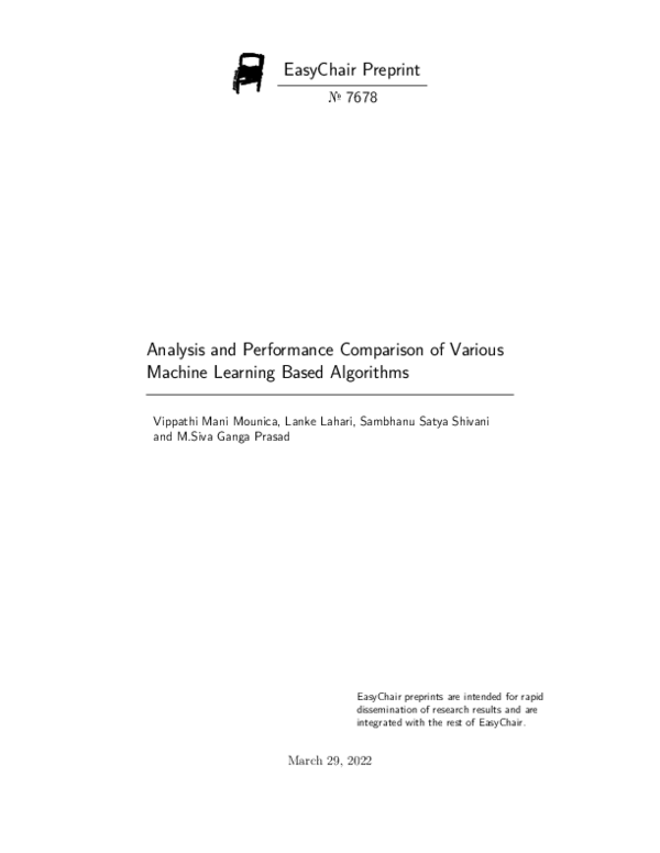 (PDF) Analysis and Performance Comparison of Various Machine Learning Based Algorithms