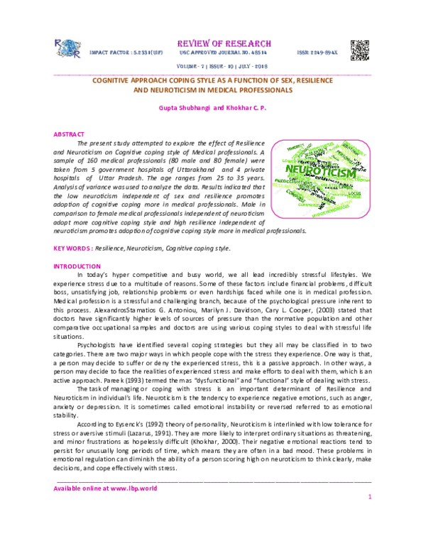 (PDF) Cognitive Approach Coping Style as a Function of Sex , Resilience ...