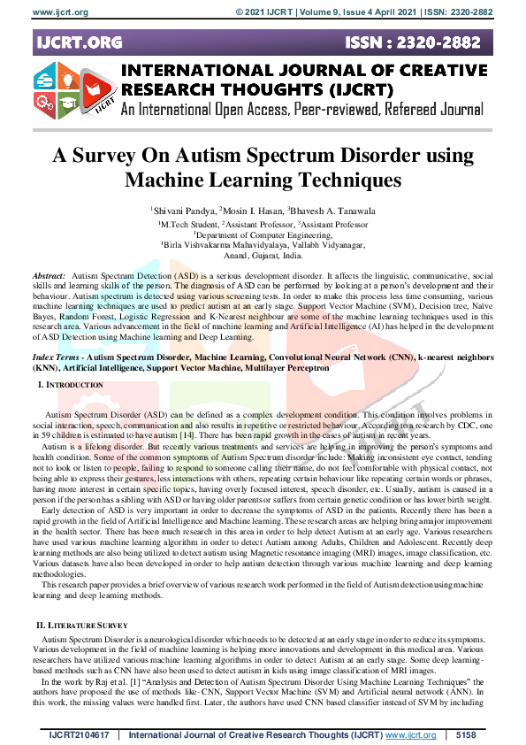 Pdf Machine Learning For Early Autism Detection