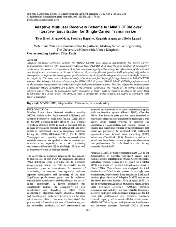 Pdf Adaptive Mmse Multiuser Detection For Mimo Ofdm Over Turbo Equalization For Single Carrier