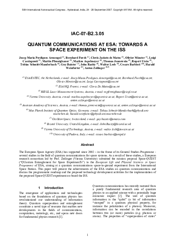 (PDF) Quantum communications at ESA: Towards a space experiment on the ISS
