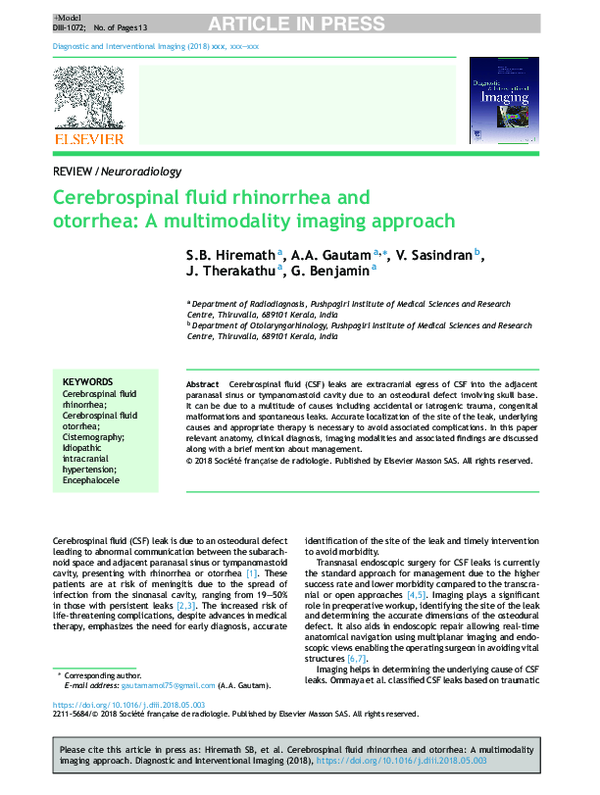 (PDF) Cerebrospinal fluid rhinorrhea and otorrhea: A multimodality ...