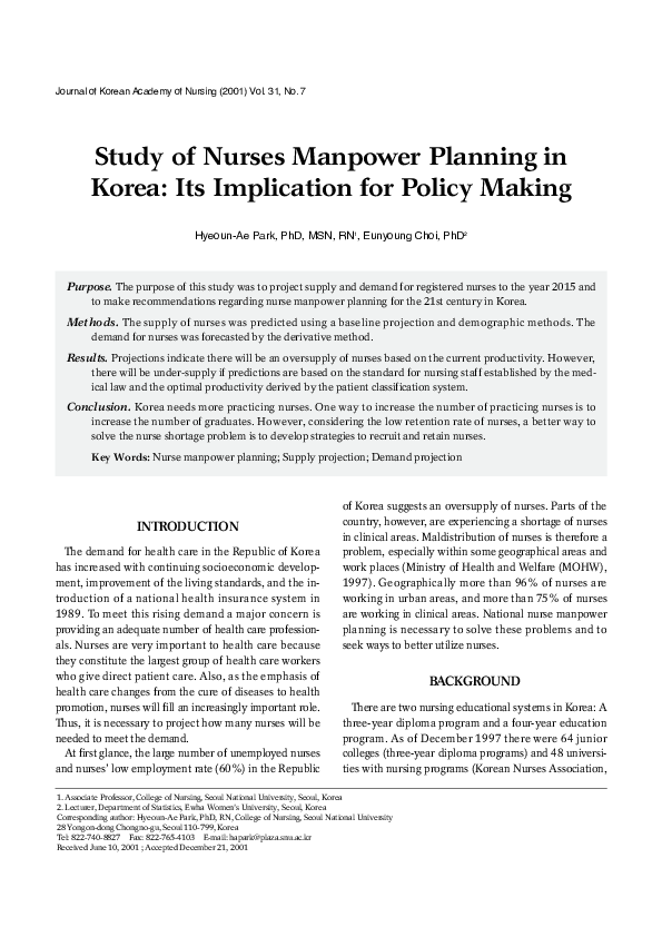 (PDF) Study of Nurses Manpower Planning in Korea: Its Implication for ...