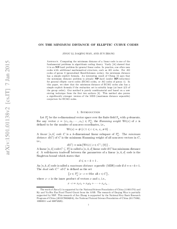 (PDF) On the minimum distance of elliptic curve codes
