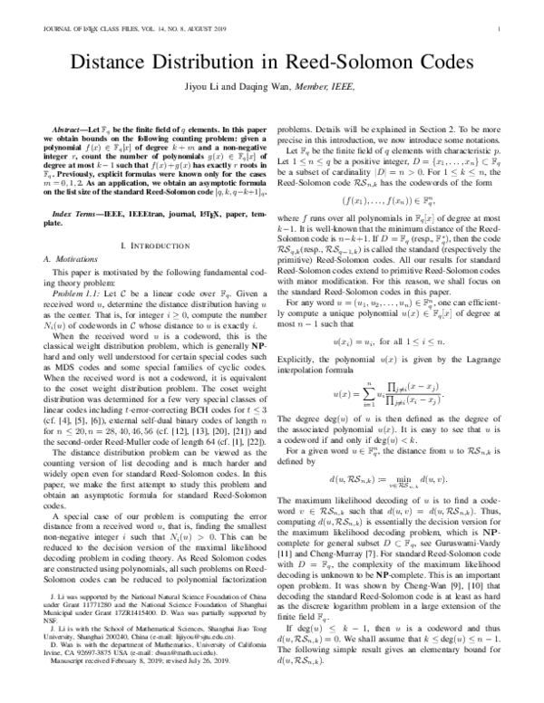 (PDF) Distance Distribution in Reed-Solomon Codes