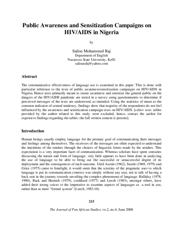 (PDF) Public Awareness and Sensitization Campaigns on HIV/AIDS in Nigeria