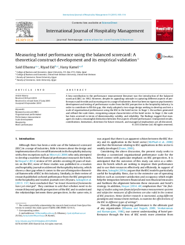 (PDF) Measuring hotel performance using the balanced scorecard: A ...