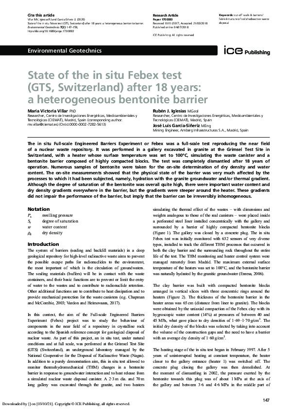 (PDF) Febex Test After 18 Years: Insights on Bentonite Barrier Status