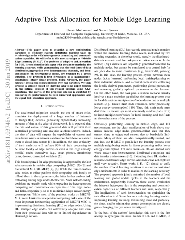 Pdf Adaptive Task Allocation For Mobile Edge Learning