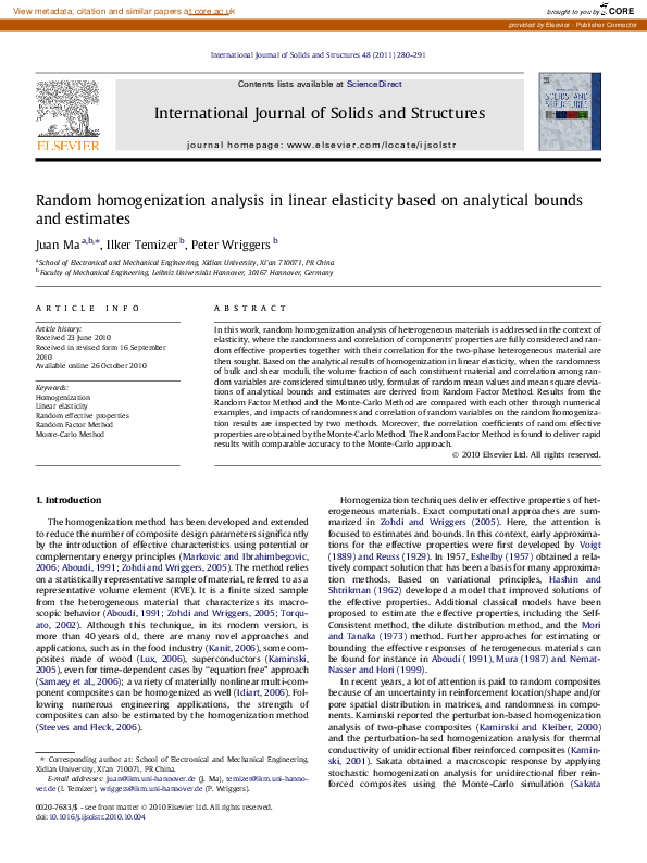 Pdf Random Homogenization Analysis In Linear Elasticity Based On
