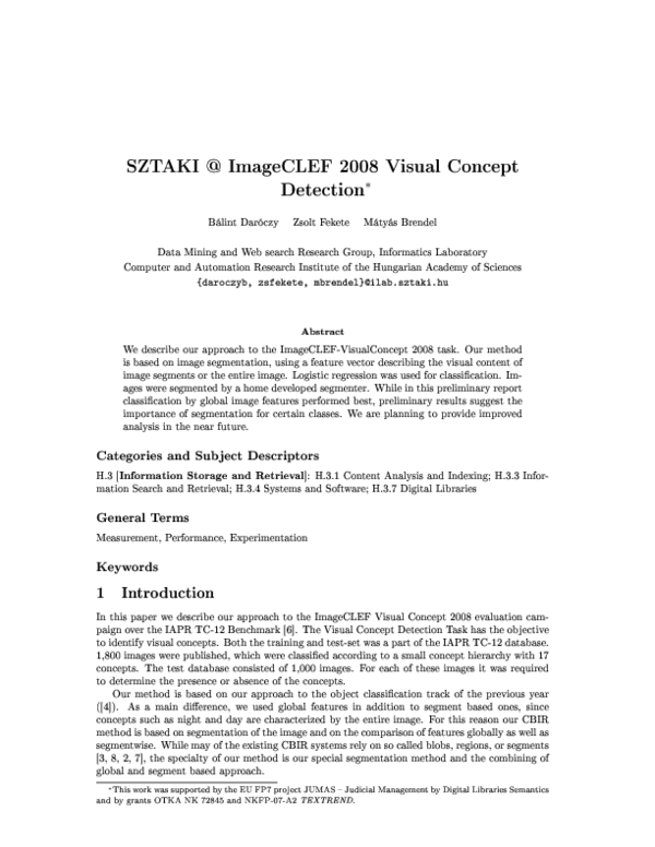 (PDF) Sztaki@ imageclef 2008 visual concept detection