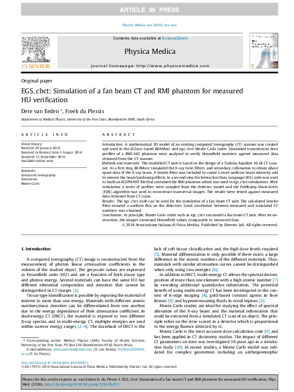 (PDF) EGS_cbct: Simulation of a fan beam CT and RMI phantom for ...