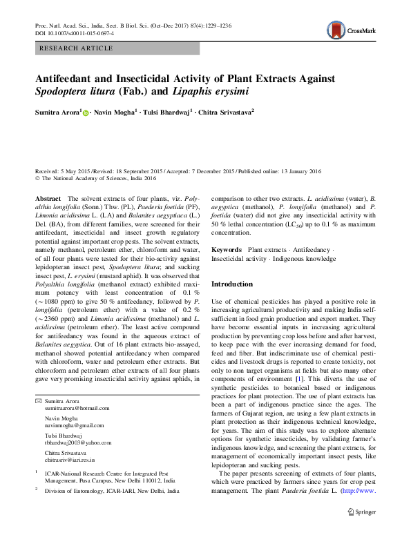 (PDF) Antifeedant and Insecticidal Activity of Plant Extracts Against Spodoptera litura (Fab ...