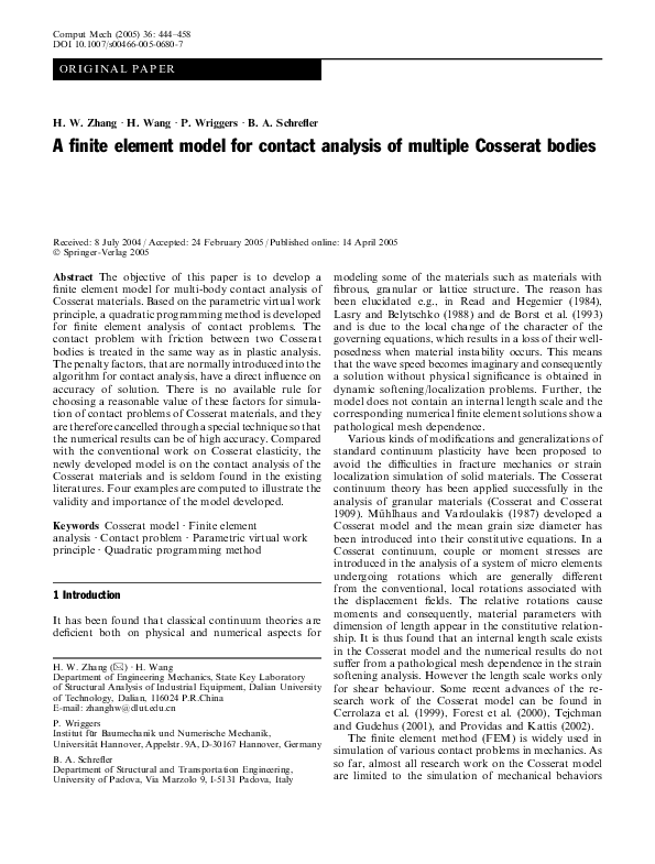 Pdf A Finite Element Model For Contact Analysis Of Multiple Cosserat