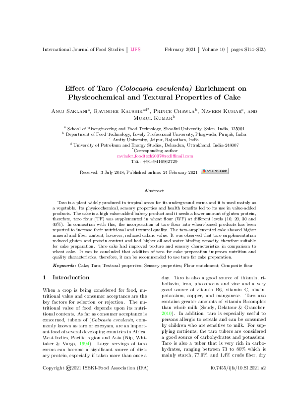 (PDF) Effect of Taro (Colocasia esculenta) Enrichment on Physicochemical and Textural Properties ...