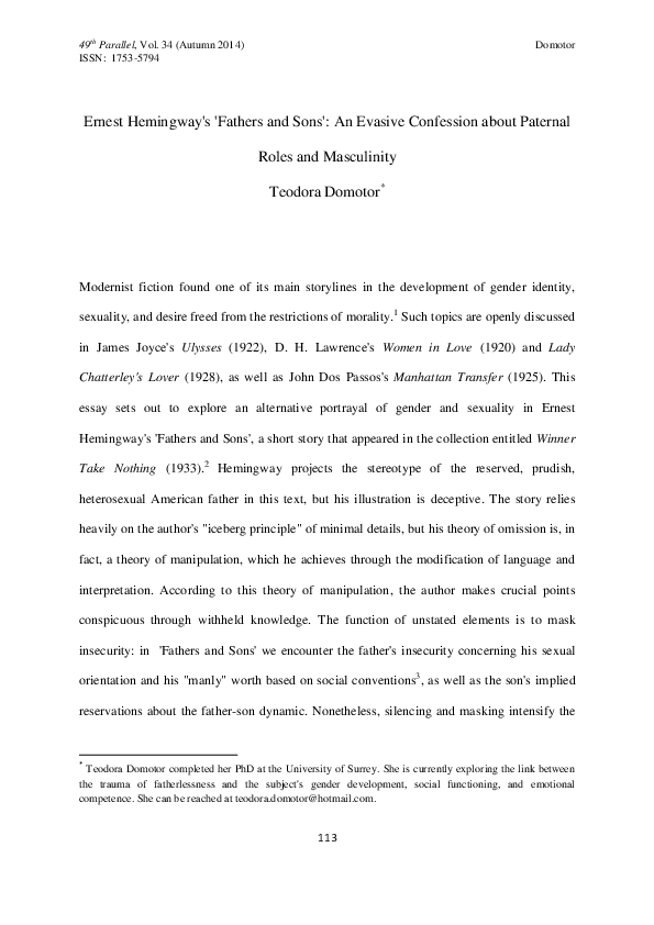 (PDF) Ernest Hemingway's 'Fathers and Sons': An Evasive Confession ...