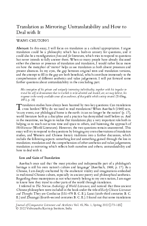 (PDF) Translation as Mirroring: Untranslatability and How to Deal with It