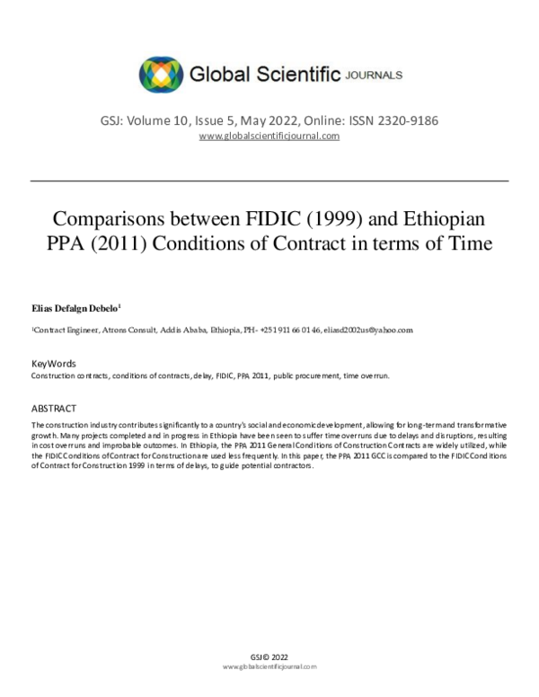 (PDF) Comparisons between FIDIC (1999) and Ethiopian PPA (2011) Conditions of Contract in terms ...