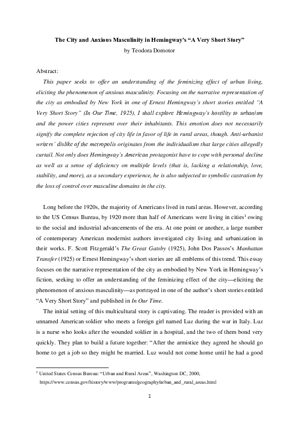 (PDF) The City and Anxious Masculinity in Hemingway’s “A Very Short Story”