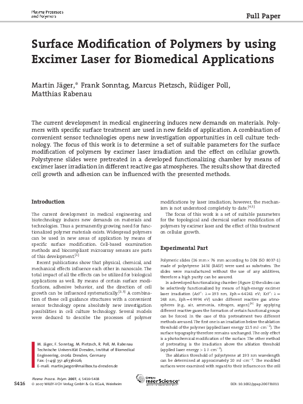 (PDF) Surface Modification of Polymers by using Excimer Laser for Biomedical Applications