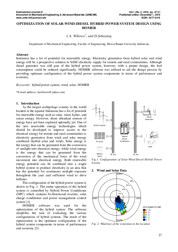 Pdf Optimization Of Solar Wind Diesel Hybrid Power System Design Using Homer