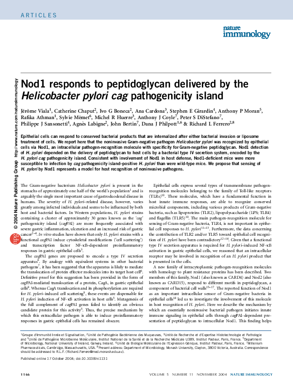 (PDF) Nod1 responds to peptidoglycan delivered by the Helicobacter ...