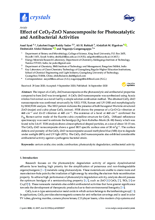 (PDF) Effect of CeO2-ZnO Nanocomposite for Photocatalytic and ...