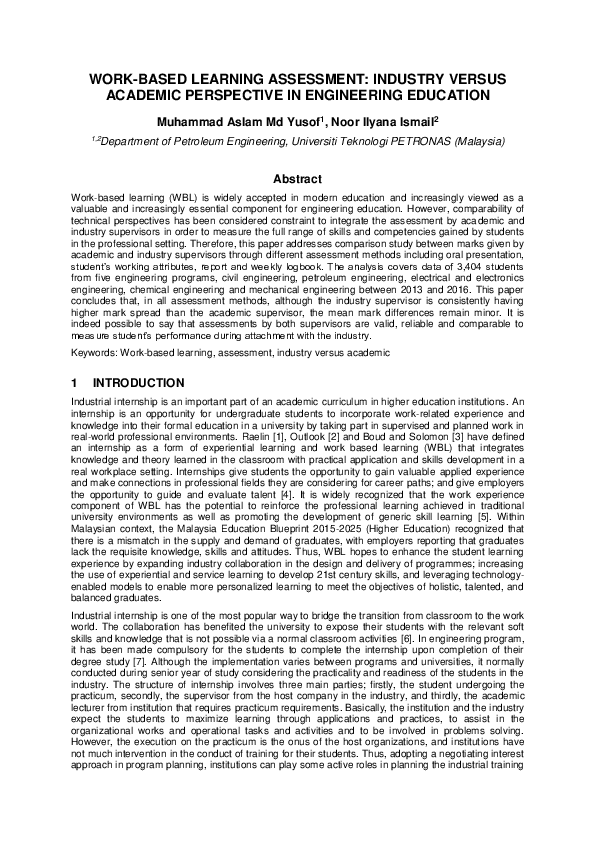 (PDF) WORK-BASED LEARNING ASSESSMENT: INDUSTRY VERSUS ACADEMIC ...