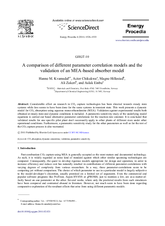 (PDF) A comparison of different parameter correlation models and the validation of an MEA-based ...
