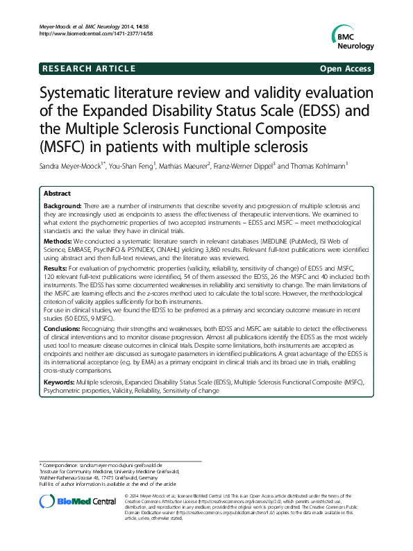 (PDF) Systematic literature review and validity evaluation of the Expanded Disability Status ...