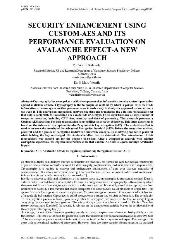 (PDF) Security Enhancement Using Custom-Aes and Its Performance Evaluation on Avalanche Effect-A ...