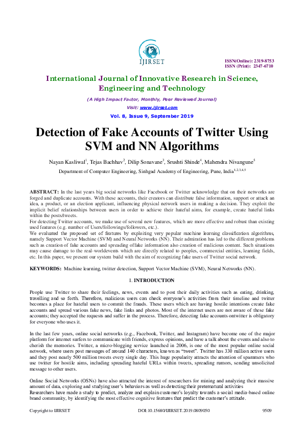 (PDF) Detection of Fake Accounts of Twitter Using SVM and NN Algorithms