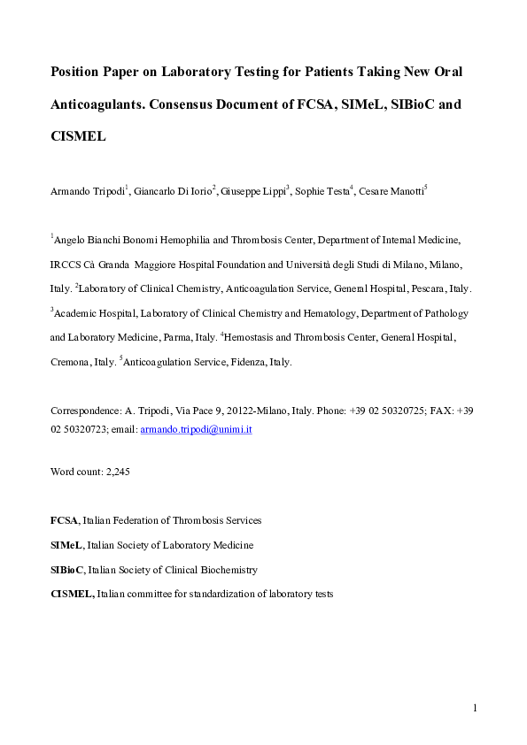 (PDF) Position paper on laboratory testing for patients taking new oral ...