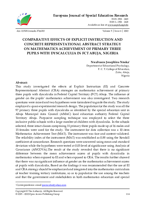 (PDF) Comparative Effects of Explicit Instruction and Concrete Representational Abstract ...