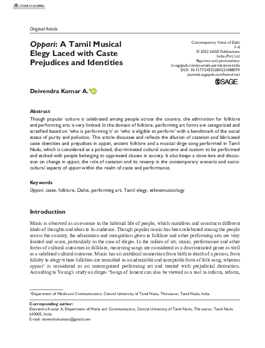 (PDF) Oppari: A Tamil Musical Elegy Laced with Caste Prejudices and ...