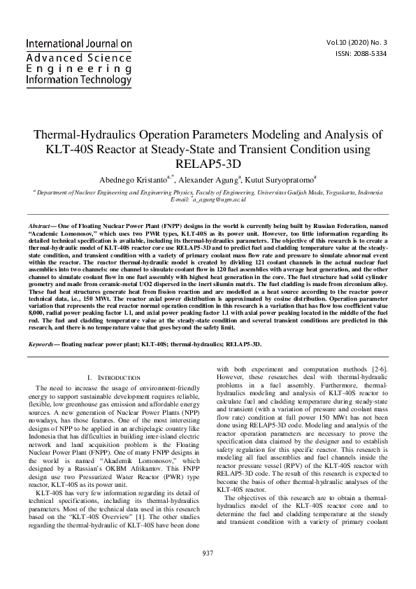 (PDF) Thermal-Hydraulics Operation Parameters Modeling and Analysis of KLT-40S Reactor at Steady ...