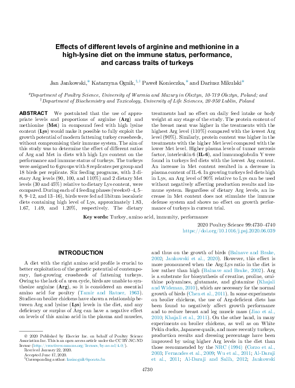 Pdf Effects Of Different Levels Of Arginine And Methionine In A High Lysine Diet On The Immune