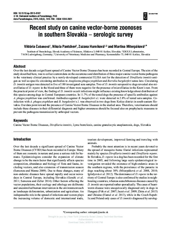(PDF) Recent study on canine vector-borne zoonoses in southern Slovakia ...