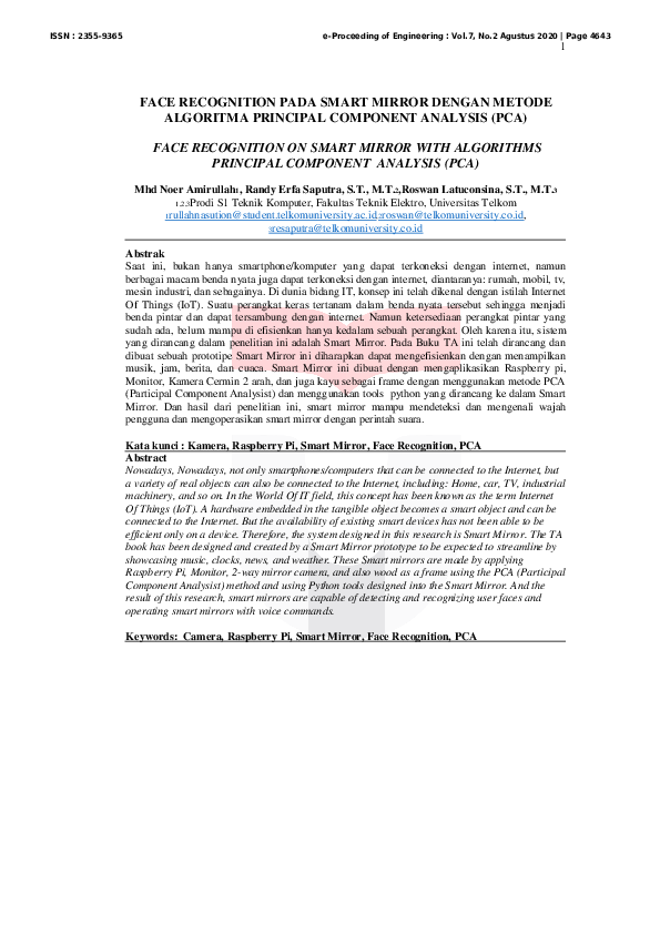 Pdf Face Recognition Pada Smart Mirror Dengan Metode Algoritma Principal Component Analysis