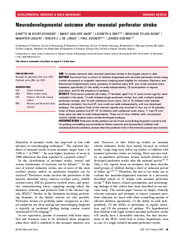 (PDF) Neurodevelopmental outcome after neonatal perforator stroke